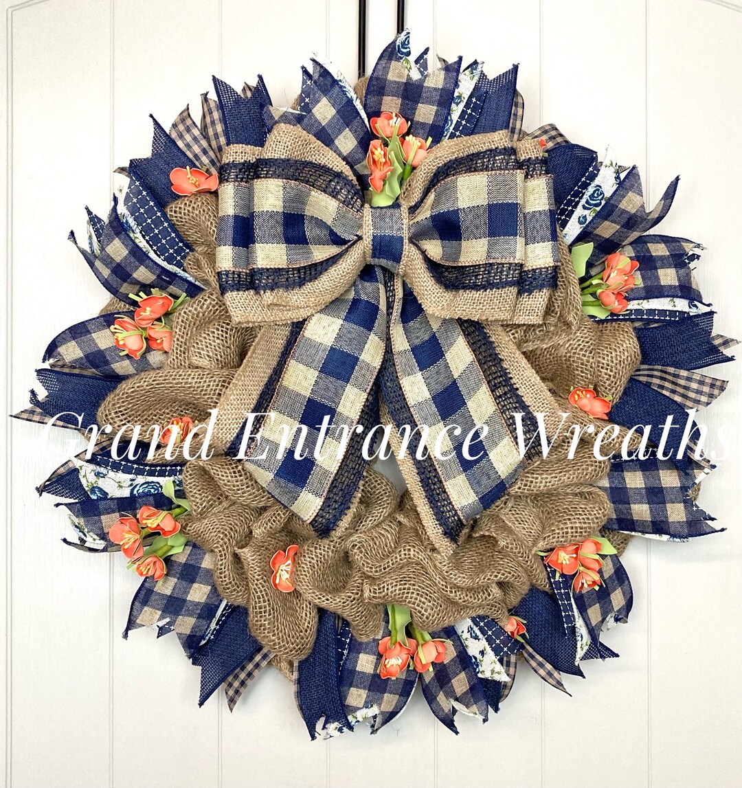 Primitive Wreath for Front Door, Rustic Burlap Wreath, Floral Wreath ...