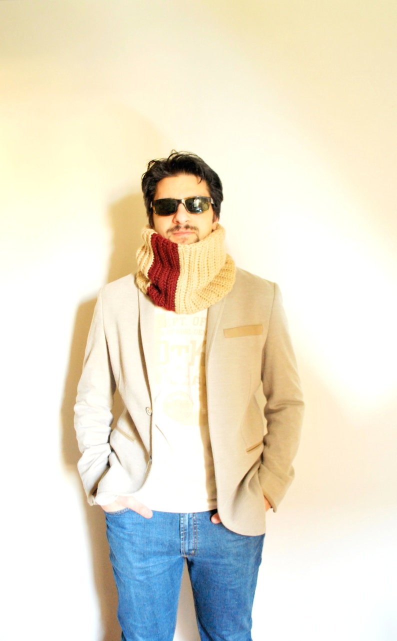 Wool Cowl/ Man Neckwarmer/ Crochet/ Cream and Burgundy/ | Etsy
