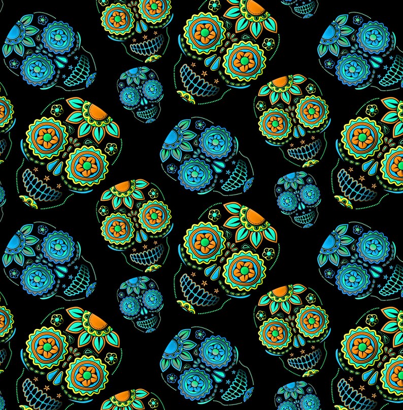 Sugar Skull Fabric Pattern by the Yard Blue Green Seamless - Etsy