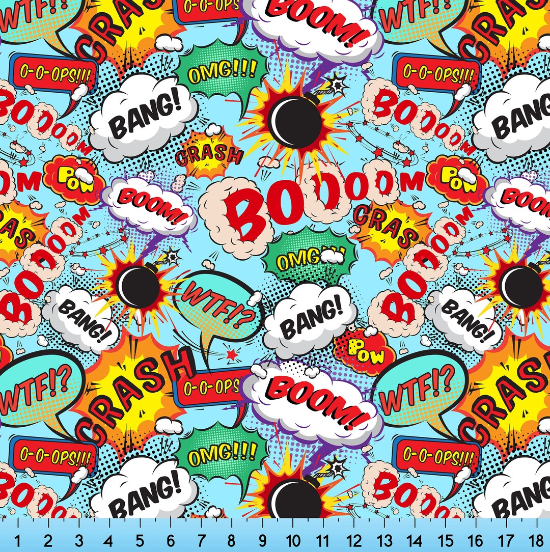 Comic Book Effects Fabric Pattern Printed by the Yard, Half Yard or Fat ...