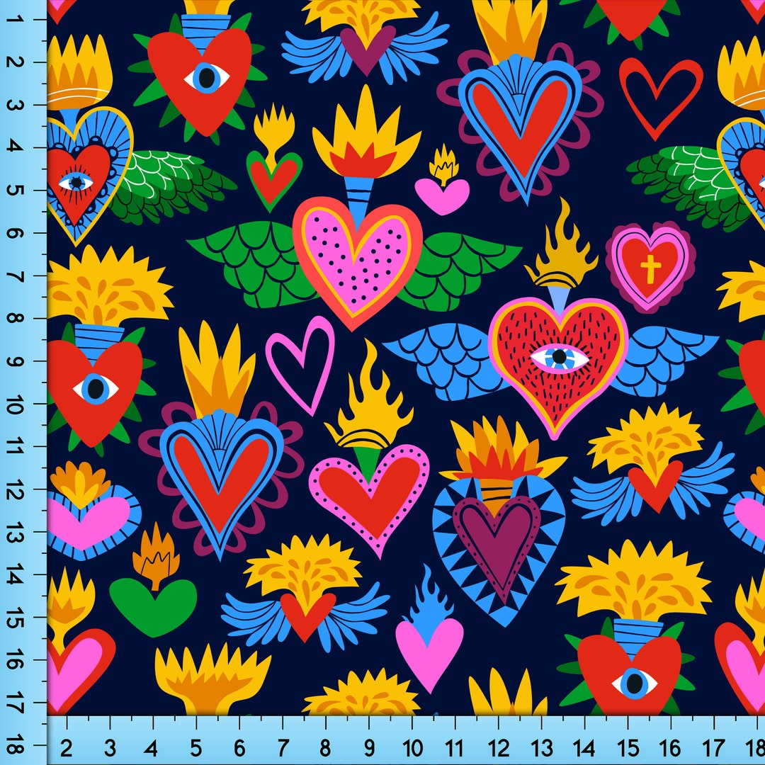 Sacred Heart Fabric Pattern Printed by the Yard, Flaming Heart Design ...