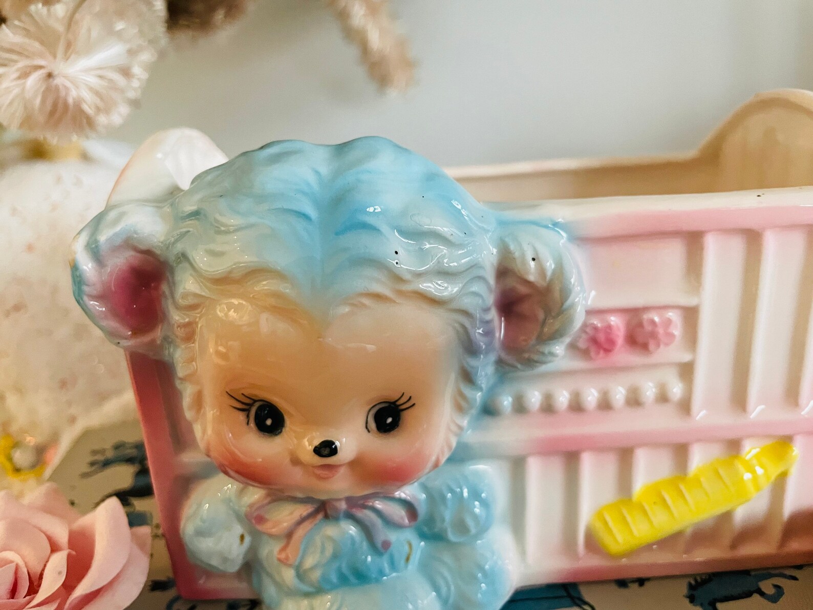 Vintage Relpo Inarco Rubens Blue Baby Teddy Bear With Crib Nursery Baby ...