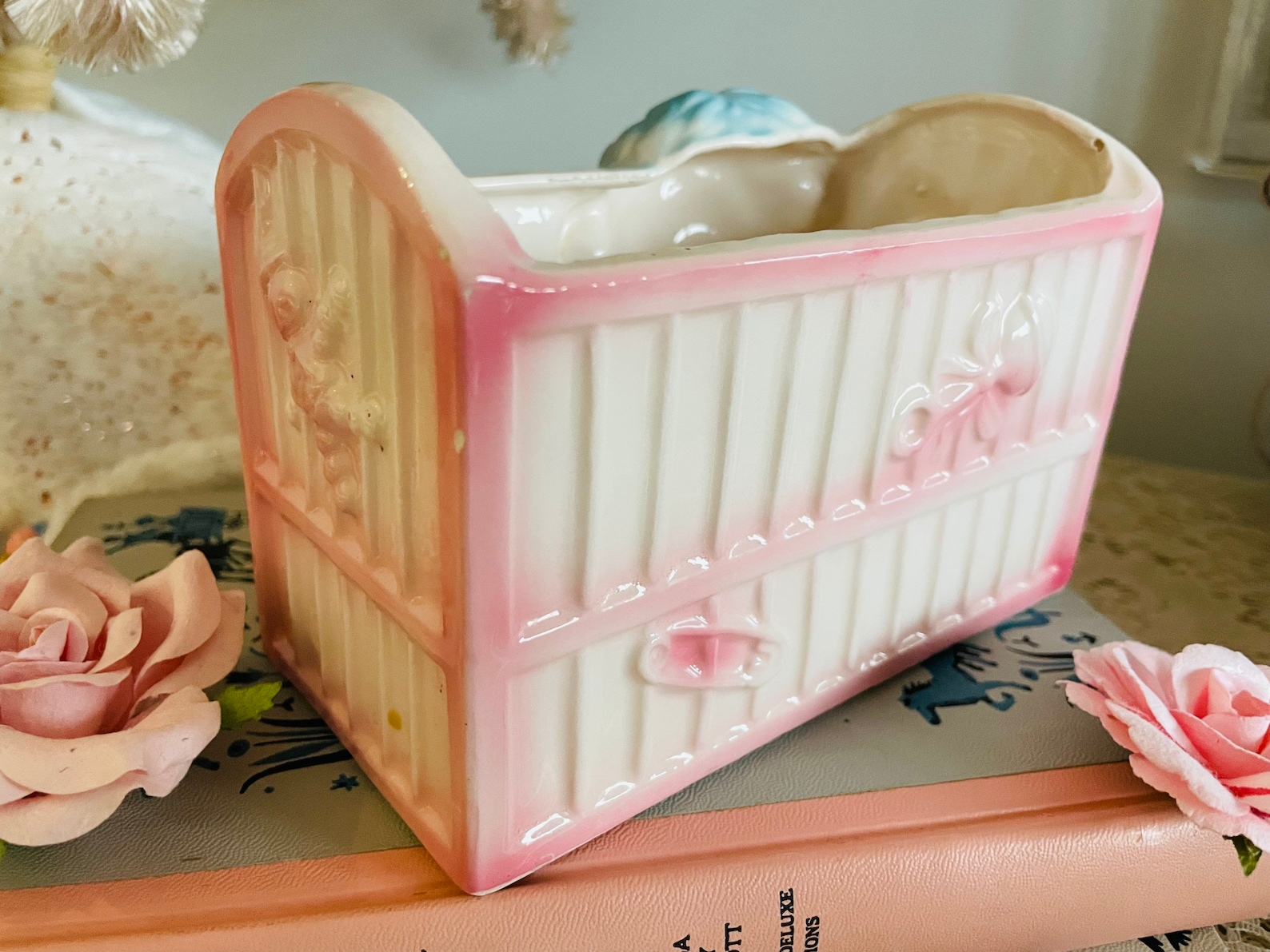Vintage Relpo Inarco Rubens Blue Baby Teddy Bear With Crib Nursery Baby ...