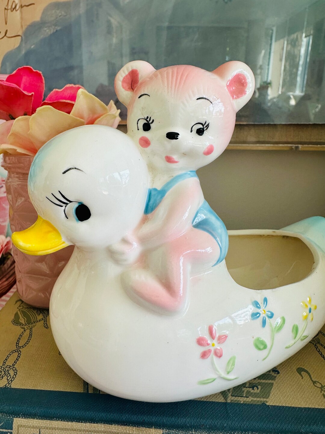 Vintage Japan Pink Meyercord Teddy Bear Riding Duck Planter - Etsy