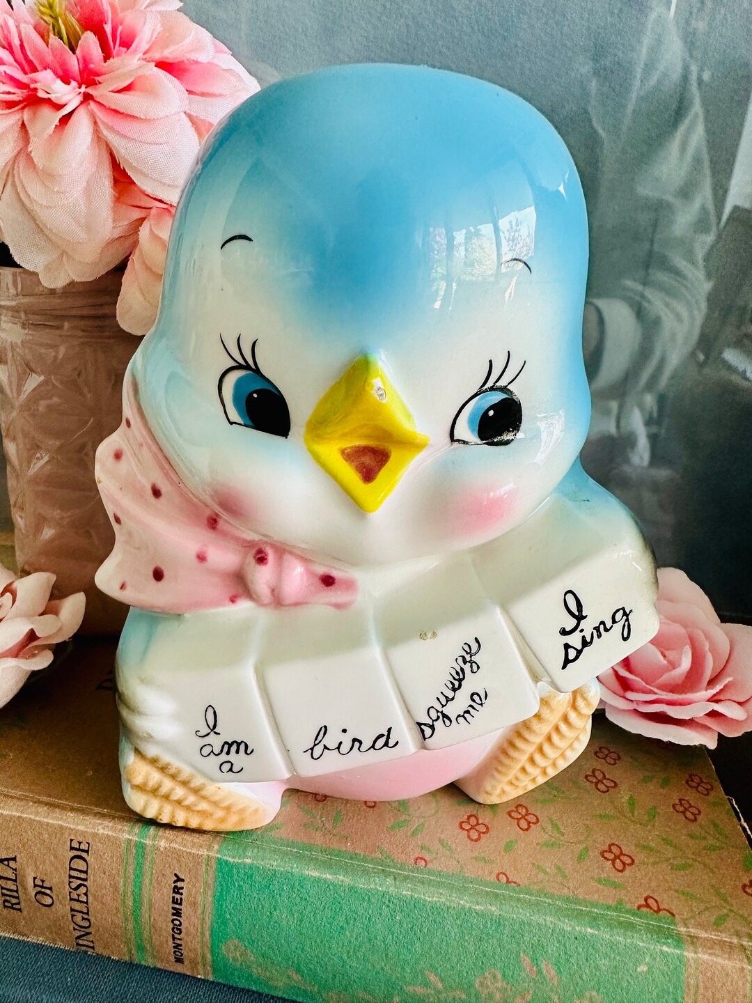 Vintage Japan Ceramic Bluebird Blue Bird Sing Squeak Planter Vase Mid ...