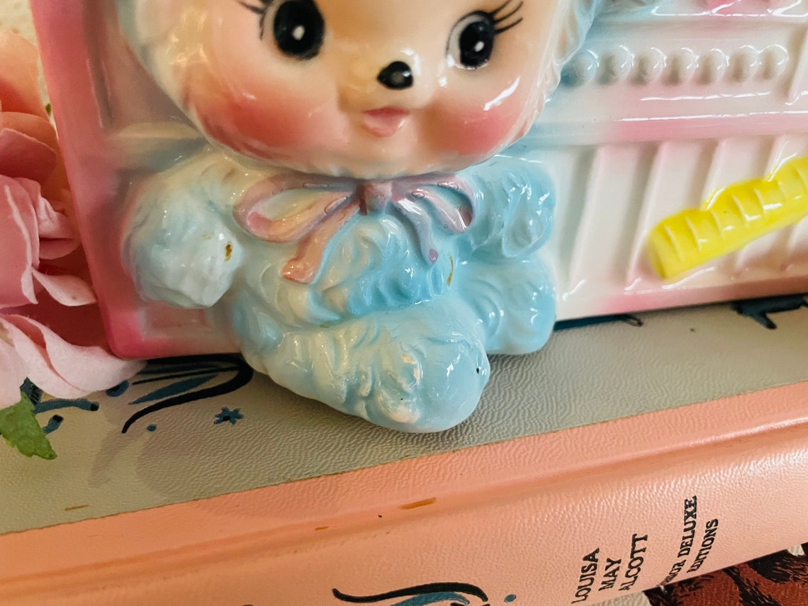 Vintage Relpo Inarco Rubens Blue Baby Teddy Bear With Crib Nursery Baby ...