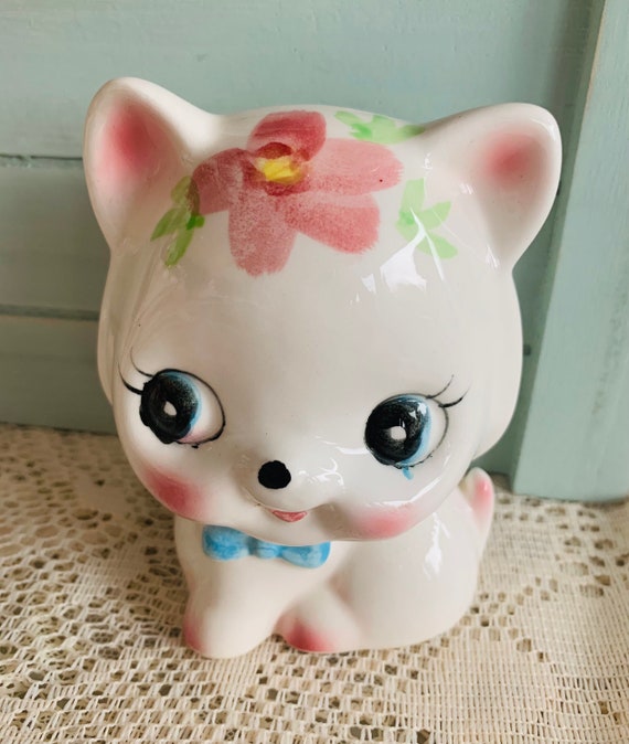 Vintage Japan Kitsch Ceramic Pink Floral Big Head Eye Kitty | Etsy