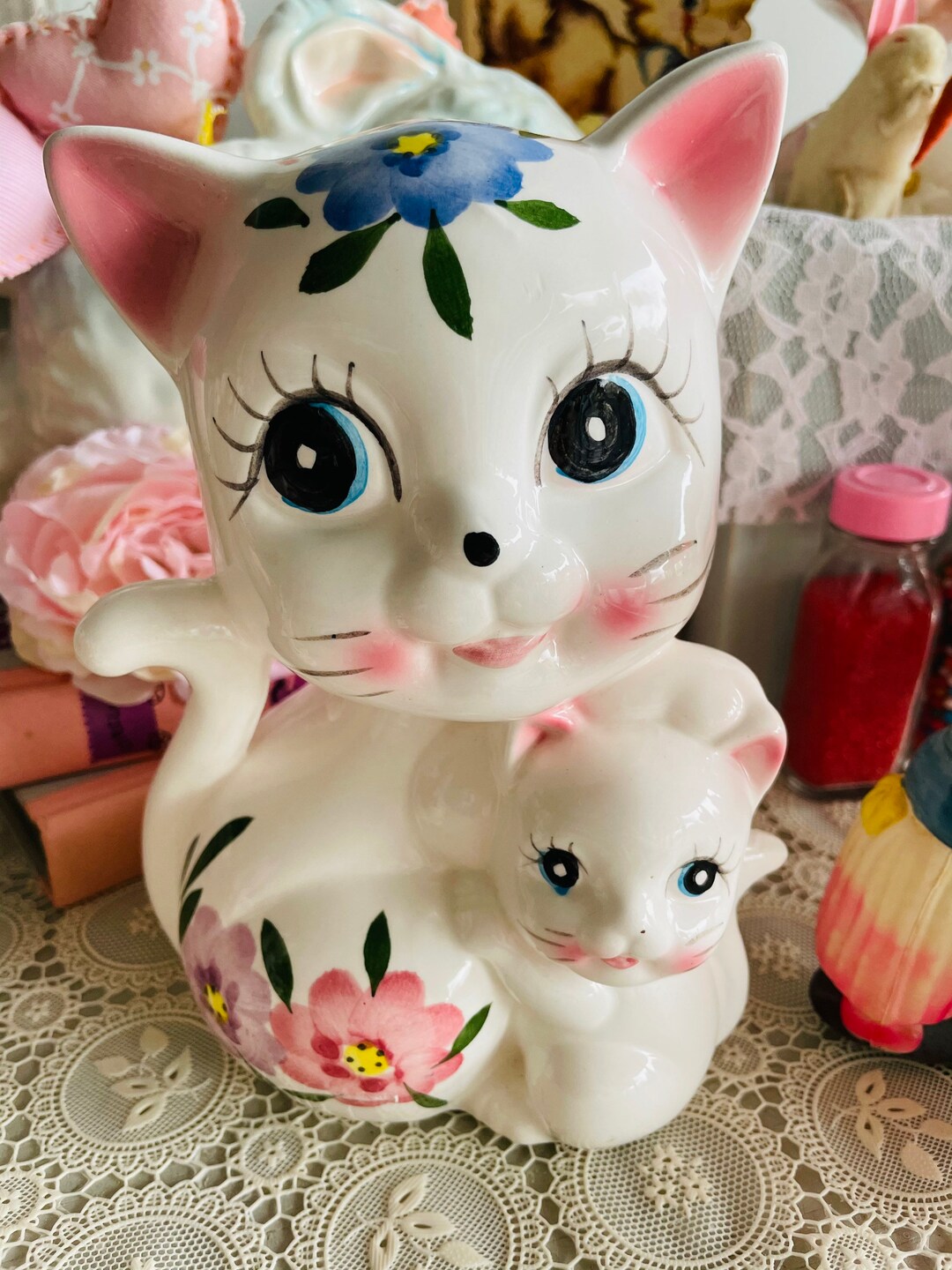 Vintage Japan Kitsch Large Ceramic Big Head Eyes Mama Baby Floral Kitty ...