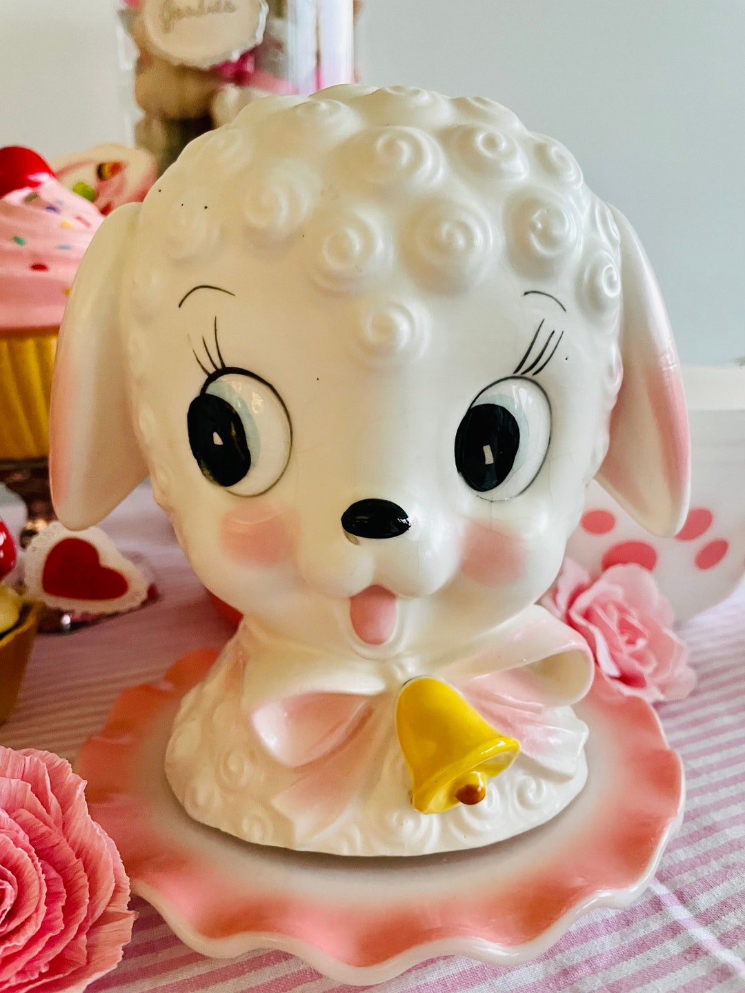 Vintage Inarco Pink Baby Lamb Sheep Head Nursery Ceramic Planter Vase ...