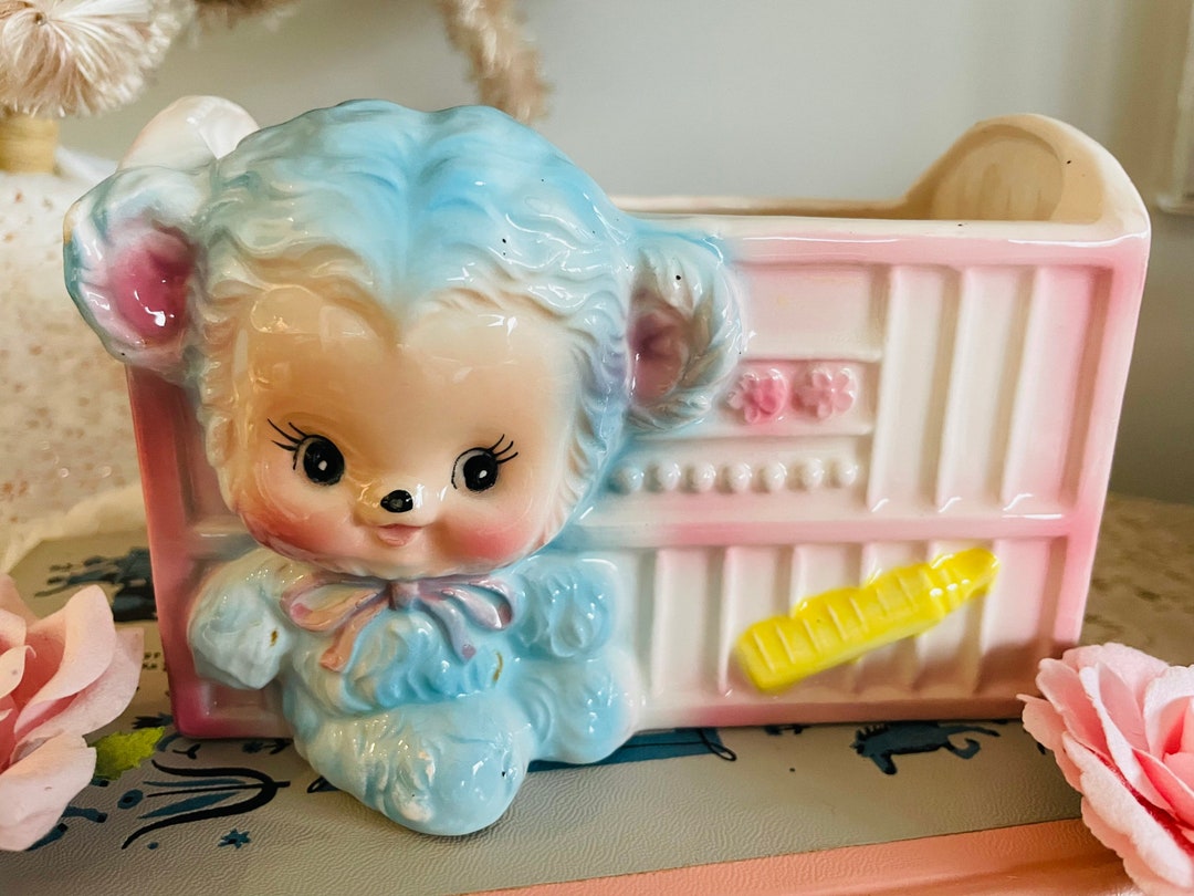 Vintage Relpo Inarco Rubens Blue Baby Teddy Bear With Crib Nursery Baby Planter Vase Candy Dish ...