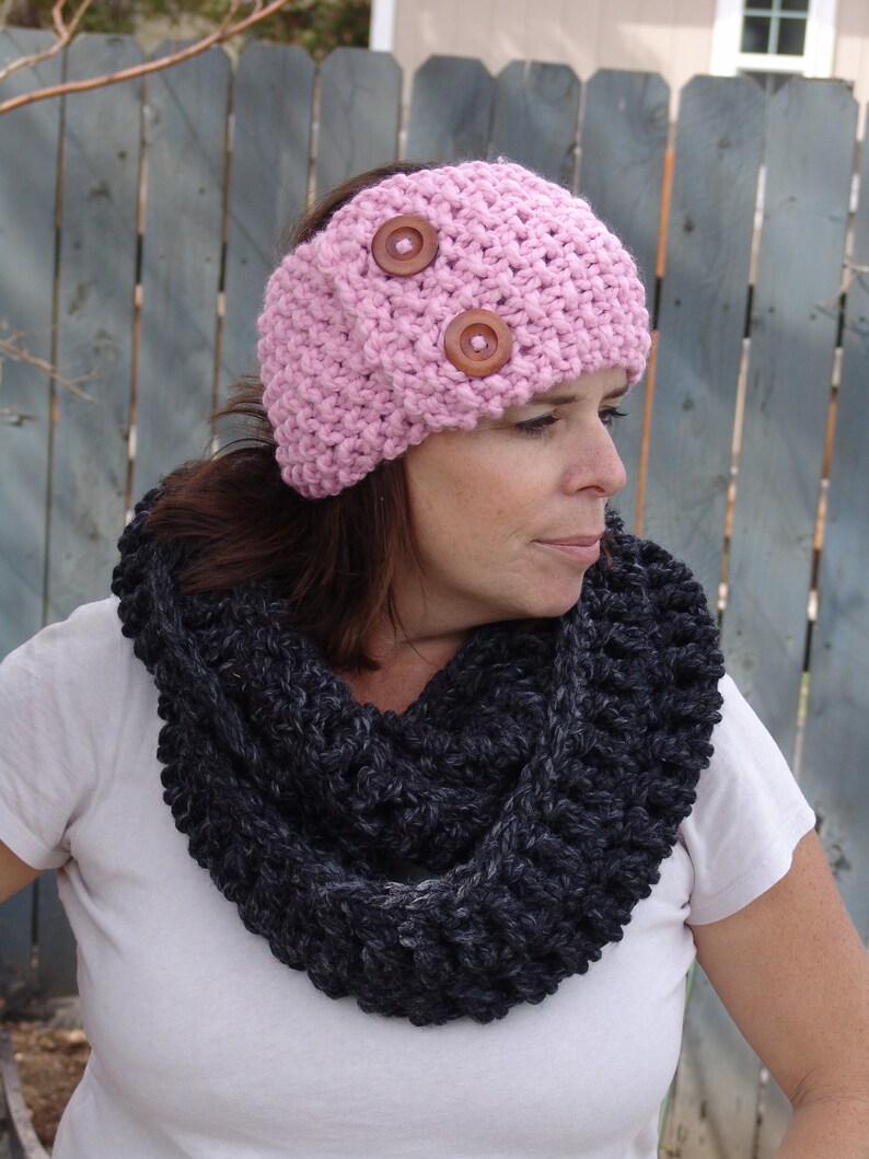 Knitted Ear Warmer Headband With Wood Buttons Handmade Wool Blend