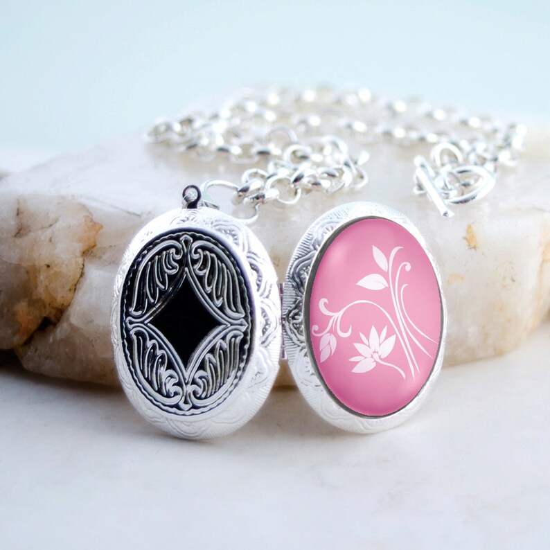 Pink Lotus Photo Locket Necklace Silver Rolo Chain Vintage | Etsy