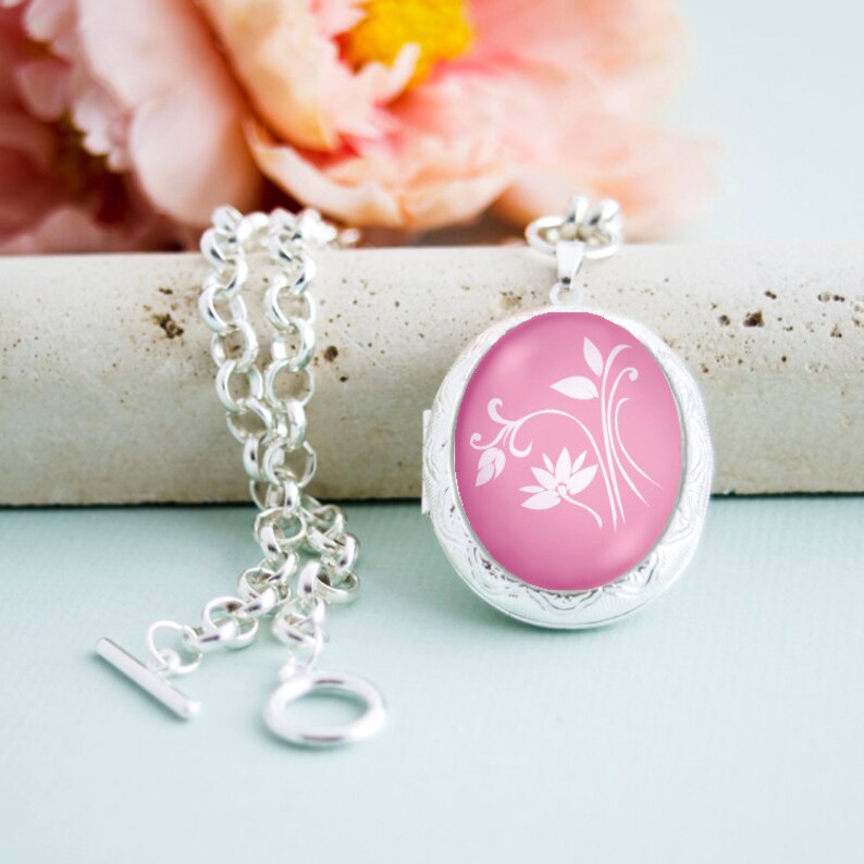 Pink Lotus Photo Locket Necklace Silver Rolo Chain Vintage | Etsy
