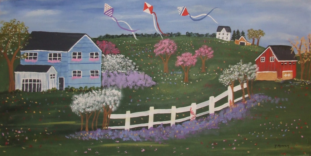 A Bright, Colorful Folk Art Acrylic Painting of a Spring Day. - Etsy