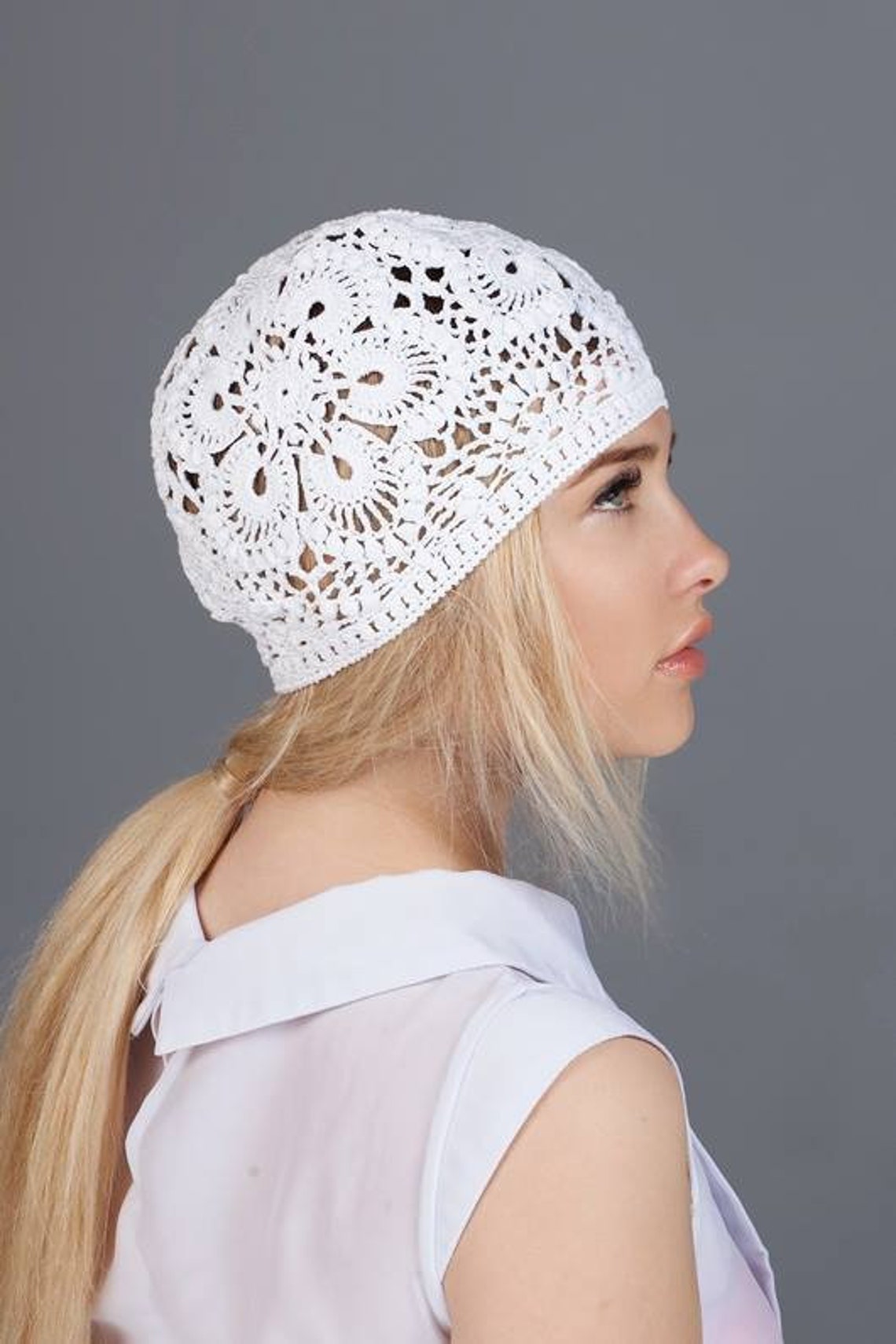 Handmade White Crochet Summer Hat: Flower Design - Etsy