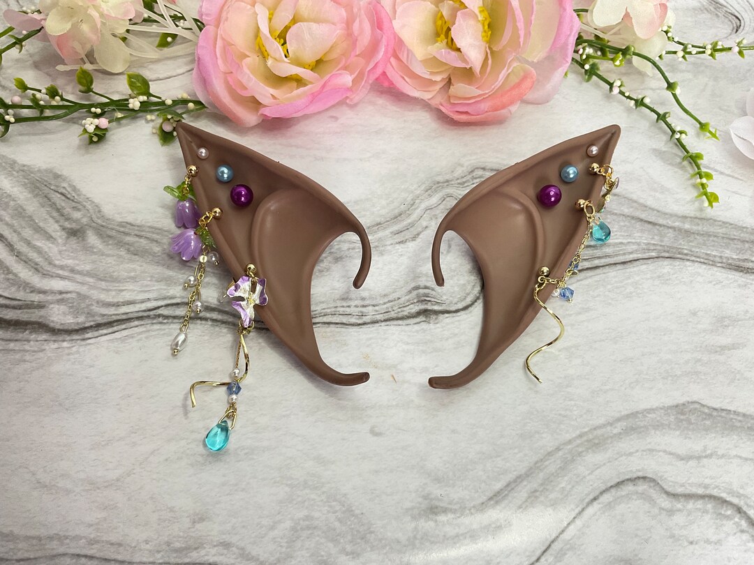 Purple Teal Blue Flower Long Fairy Decorated LIGHT BROWN Pierced ...