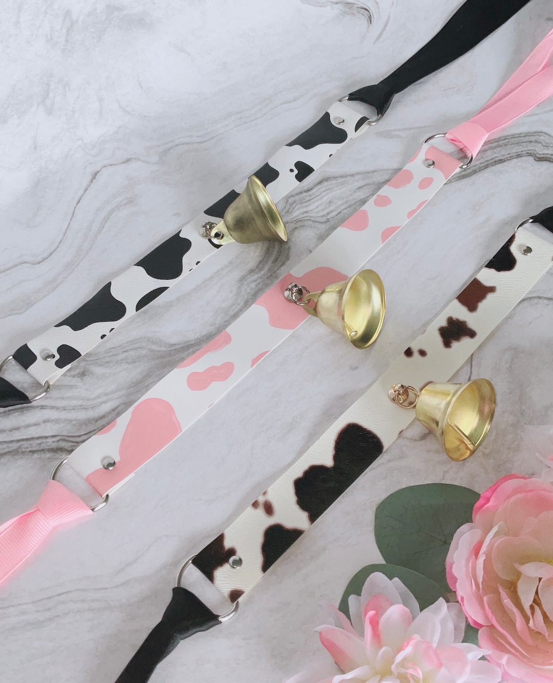 Cow Print Bell Collar / Pink Cow Bell Necklace / Brown Cow Bell Choker ...