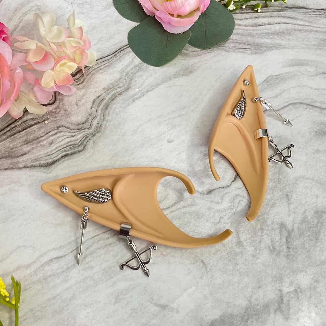 MELLOW SUNBEAM LONG Silver Archer Bow Arrow Archery Decorated Pierced Skintone Elf Fae Fairy ...