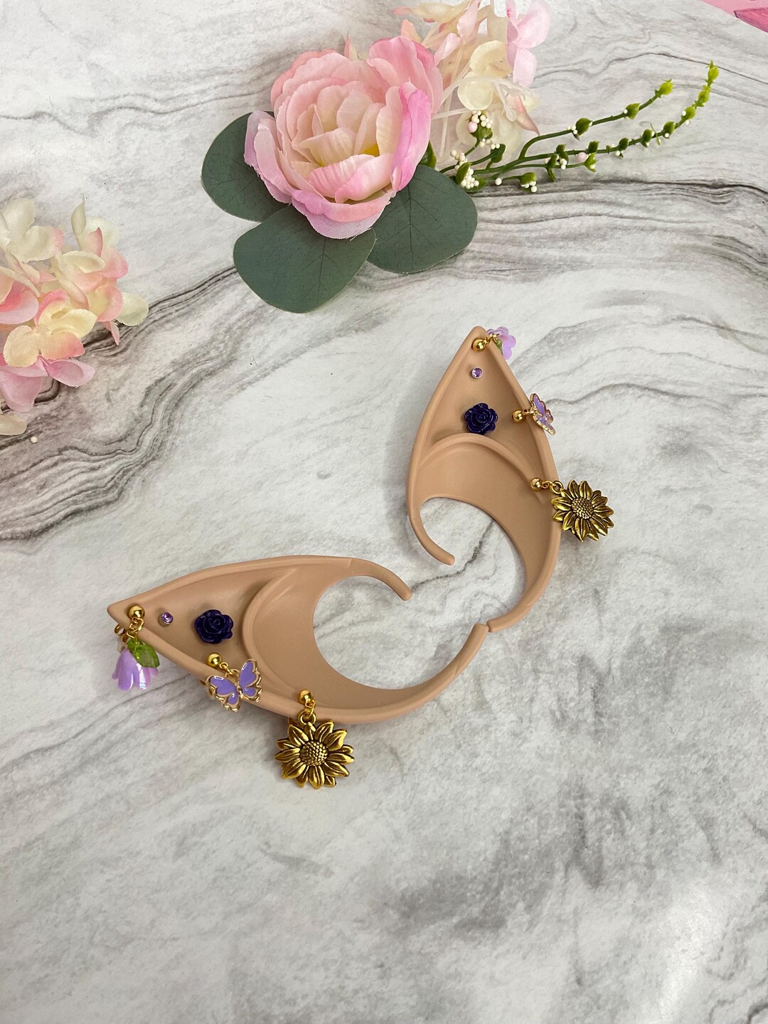 NEUTRAL TAN Short Purple Floral Sunflower Charms Decorated Pierced ...