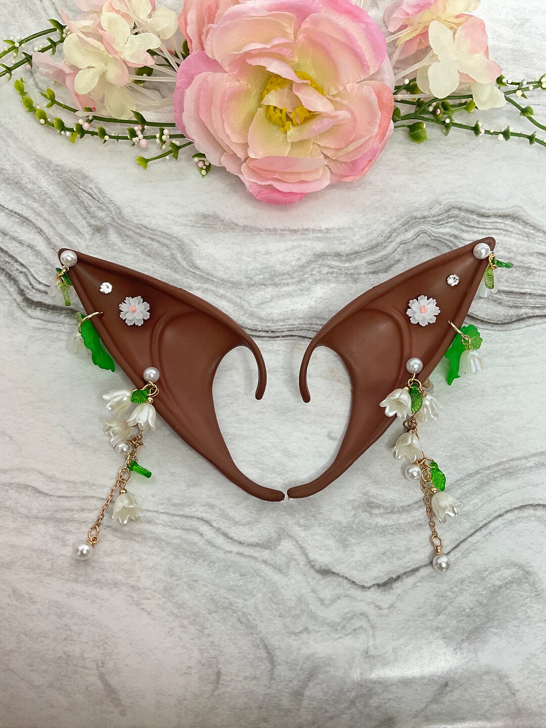 White Lily Flower Pearls Butterflies Dark Brown Decorated MOCHA Pierced ...