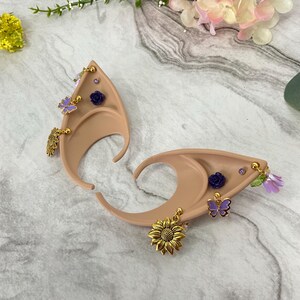 NEUTRAL TAN Short Purple Floral Sunflower Charms Decorated Pierced ...