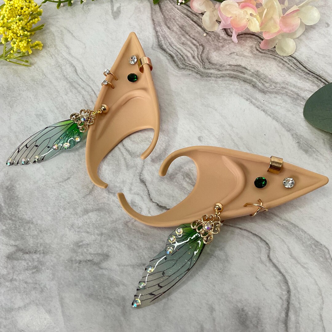 MELLOW SUNBEAM Long Green Fairy Wings Gold Piercings Decorated Pierced ...