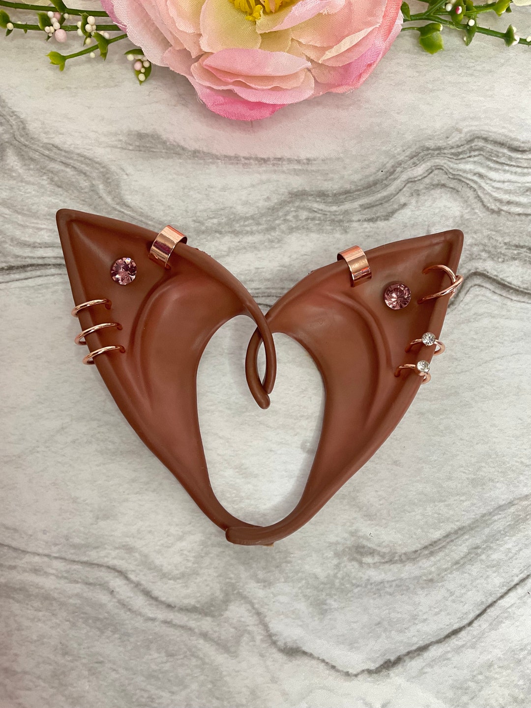 Short Rose Gold Simple Dark Brown Decorated MOCHA Pierced Skintone Elf ...