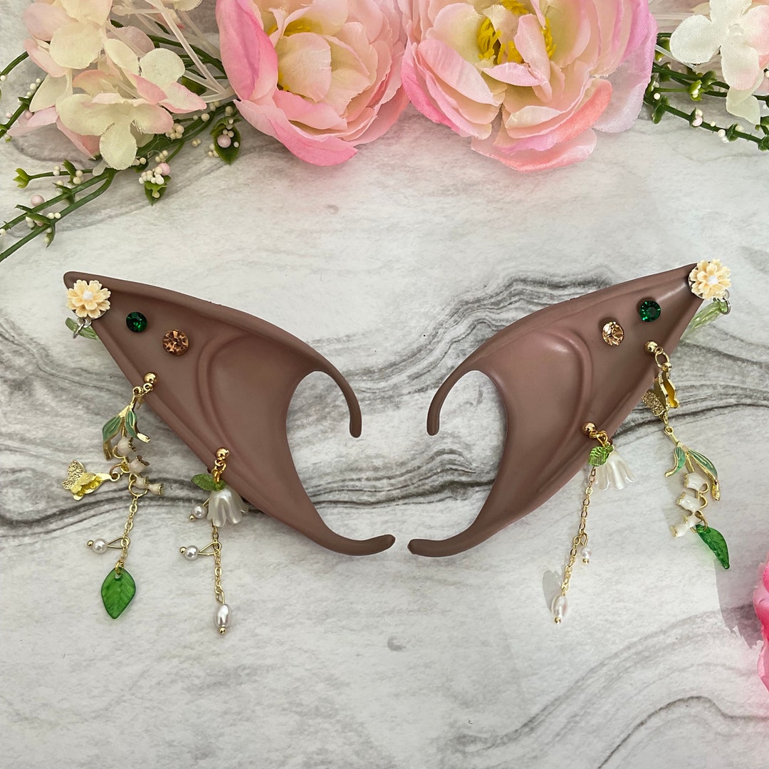 Long Decorated BLUSH ROSE Green Yellow Flower Pierced Skintone Elf Fae ...