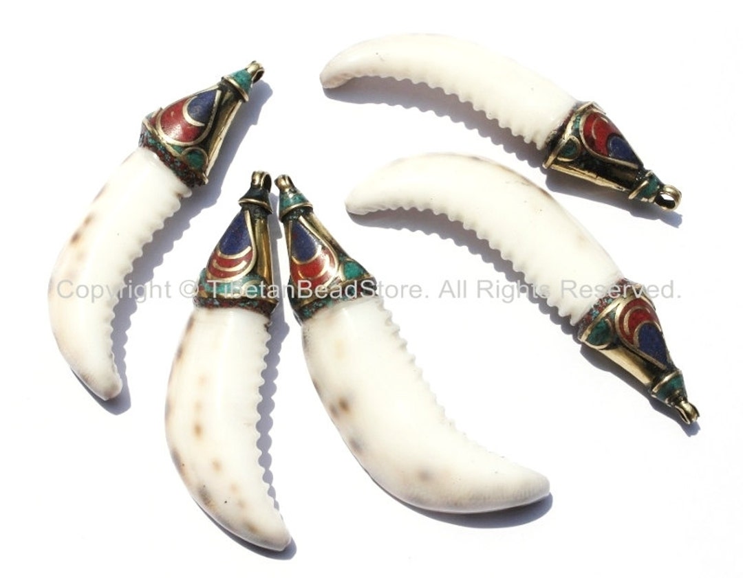 Tibetan Naga Conch Shell Pendant With Brass, Lapis, Turquoise Inlaid ...