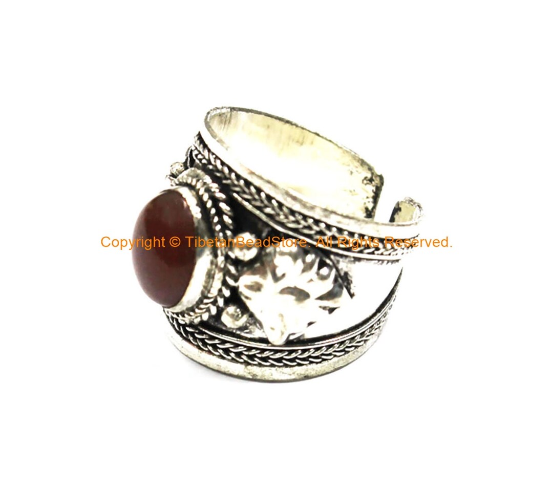 Handmade Ethnic Adjustable Tibetan Ring With Stone Inlay Accent - Boho ...