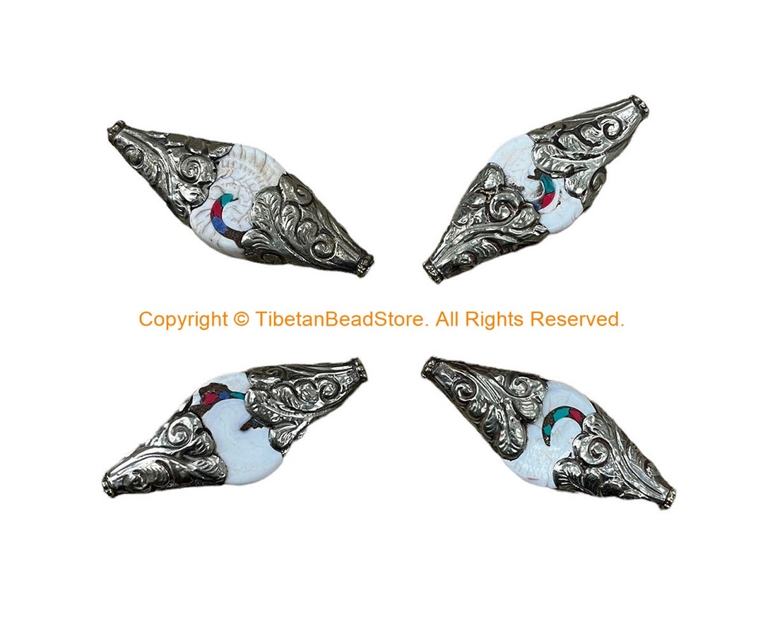 4 BEADS Ethnic Tribal Naga Conch Shell Tibetan Beads With Turquoise ...