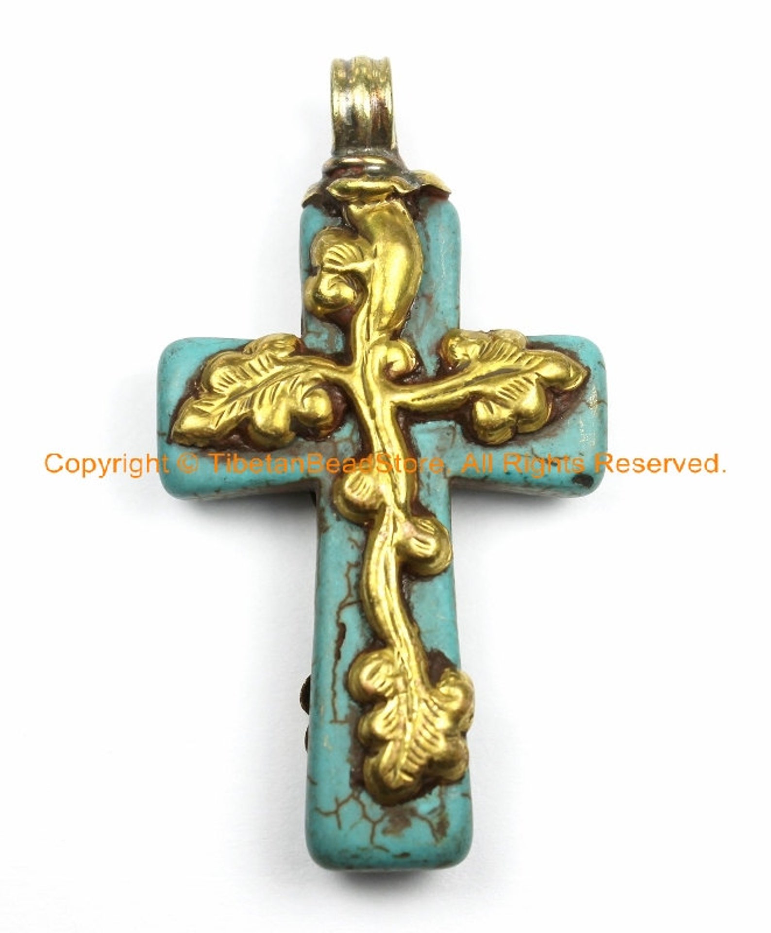 Tibetan Reversible Turquoise Cross Pendant With Brass Bail, Repousse ...