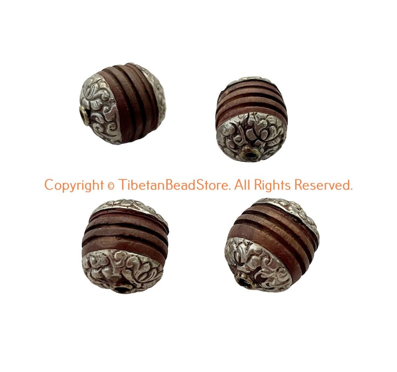 10 BEADS - Handmade Tibetan Carved Wood Beads With Repousse Floral ...