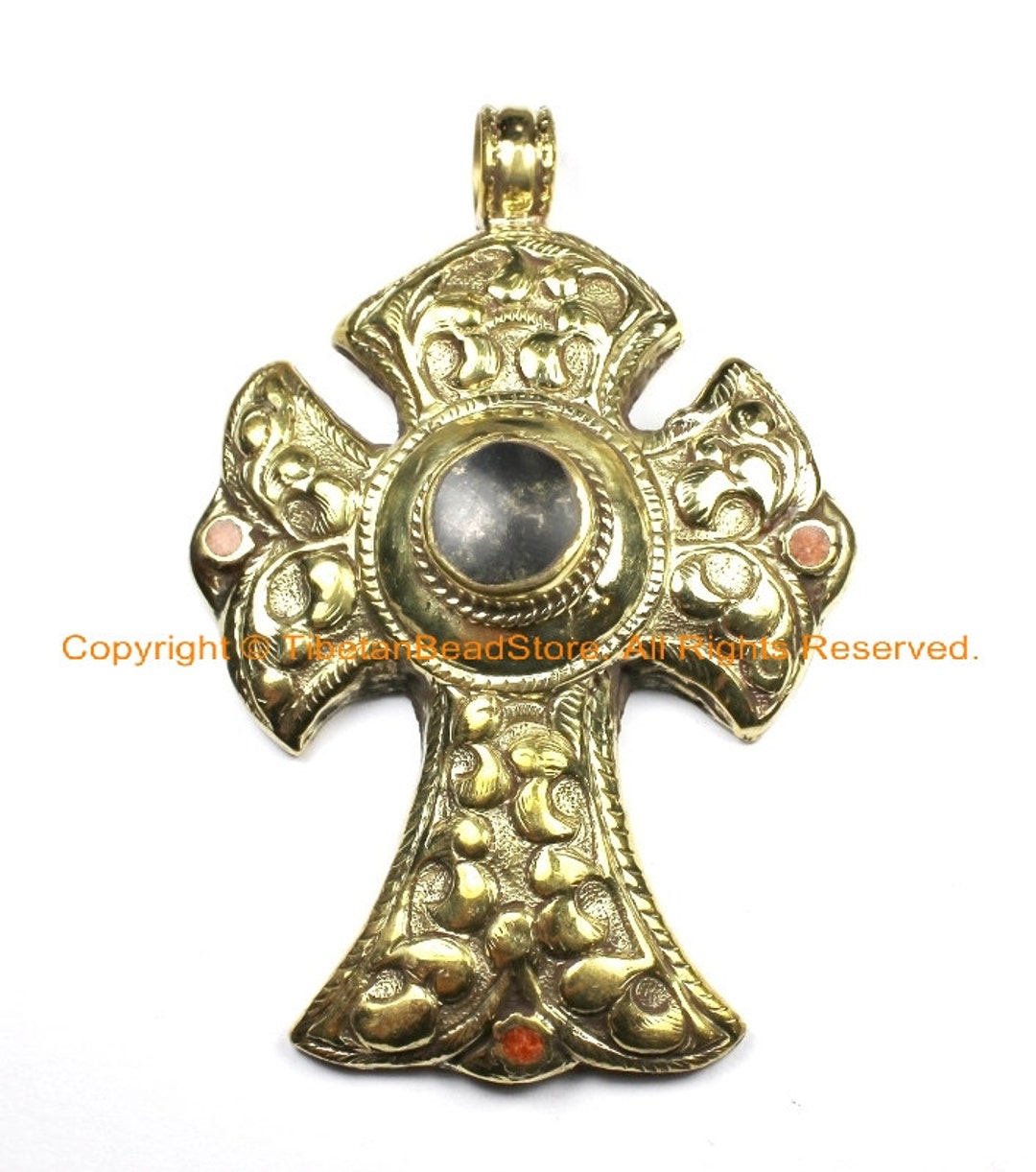 OOAK LARGE Tibetan Brass Cross Pendant With Black Howlite & Coral ...