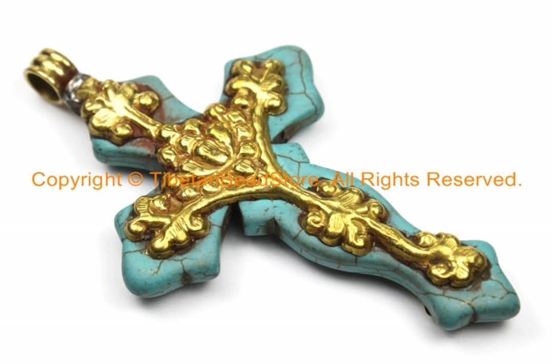 LARGE Tibetan Reversible Turquoise Cross Pendant With Repousse Brass ...