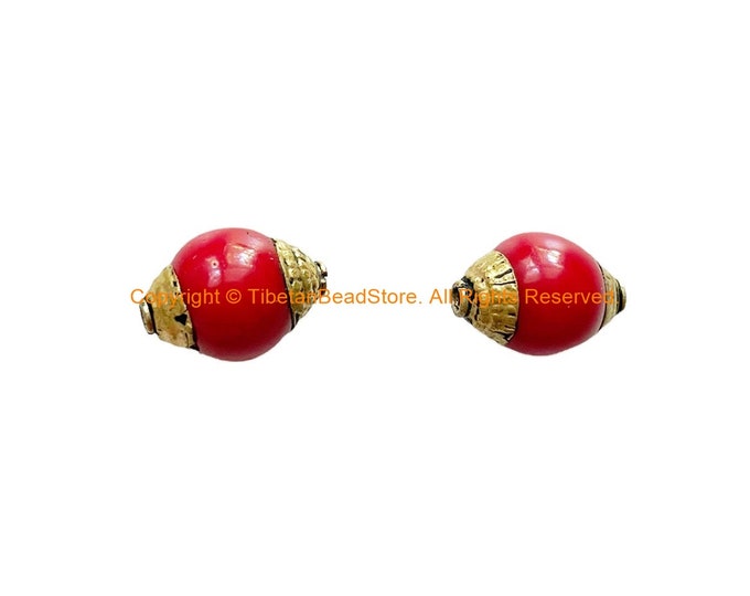 2 BEADS - Tibetan Red Coral Resin Beads With Brass Caps - Nepal Tibetan ...