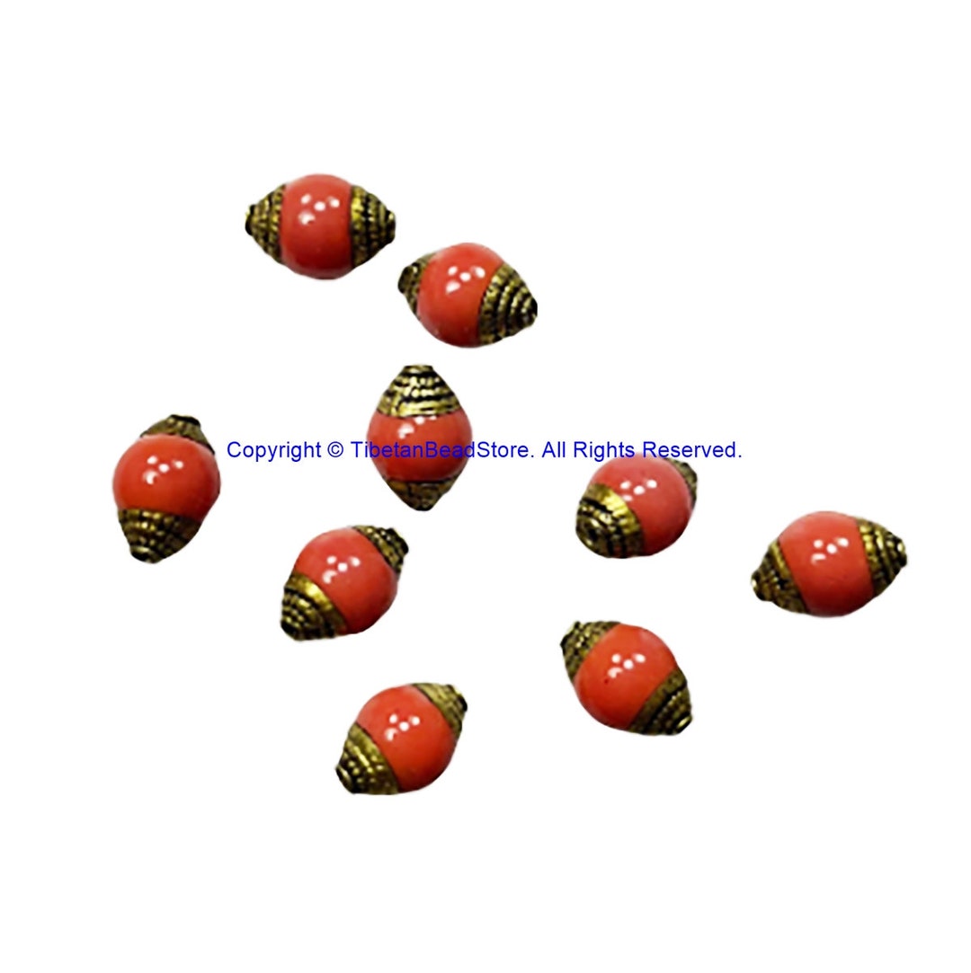 4 BEADS - Tibetan Red Coral Beads With Handmade Repousse Brass Caps ...
