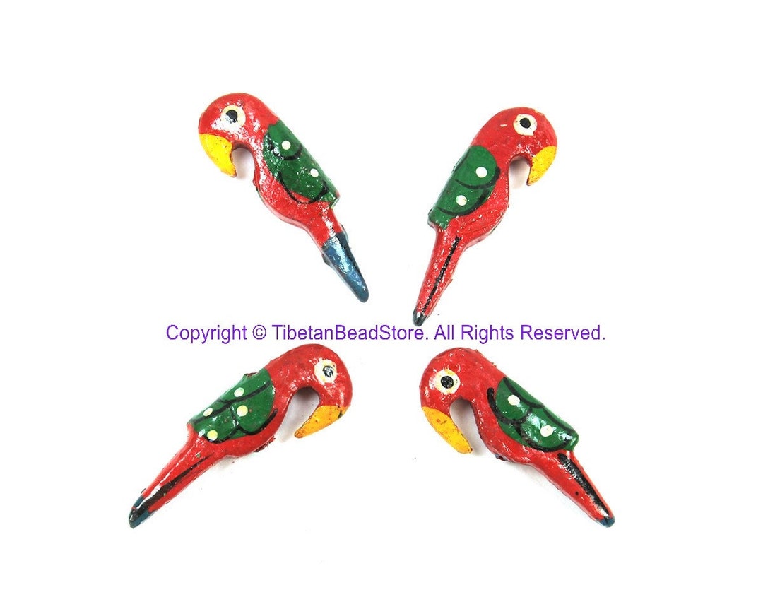 4 BEADS Handmade Red Parrot Beads - Handmade Bird Beads - Wooden Parrot ...