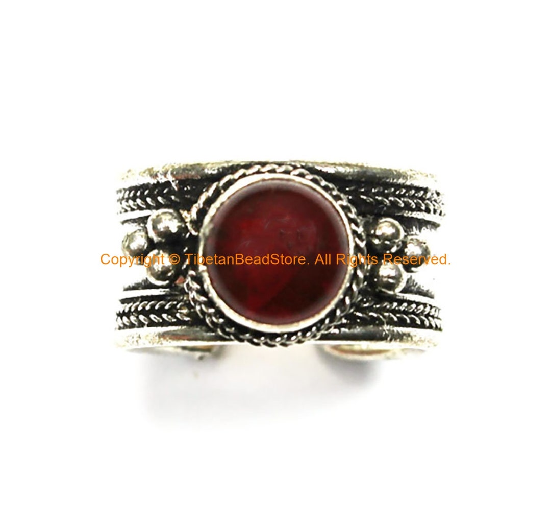 Handmade Ethnic Adjustable Tibetan Ring With Stone Inlay Accent - Boho ...