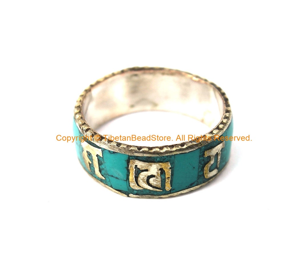 Handmade Tibetan Turquoise Inlay Mantra Ring - Om Mani Padme Hung ...