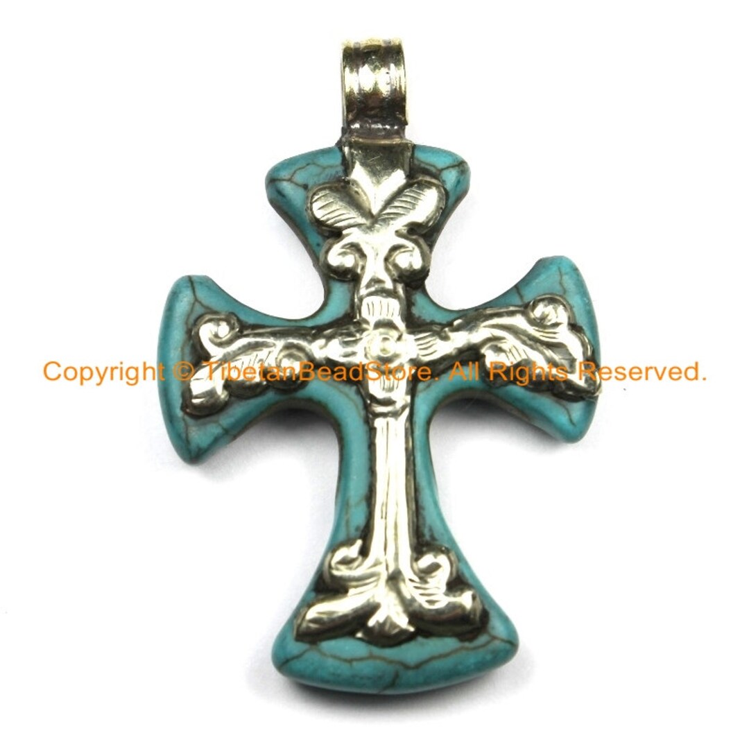 Tibetan Reversible Turquoise Cross Pendant With Tibetan Silver Metal ...