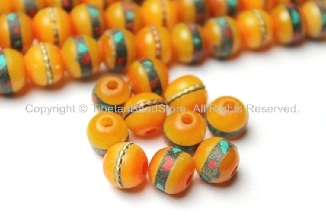 10 Beads 8mm Tibetan Copal Resin Beads With Turquoise & Coral Inlays ...
