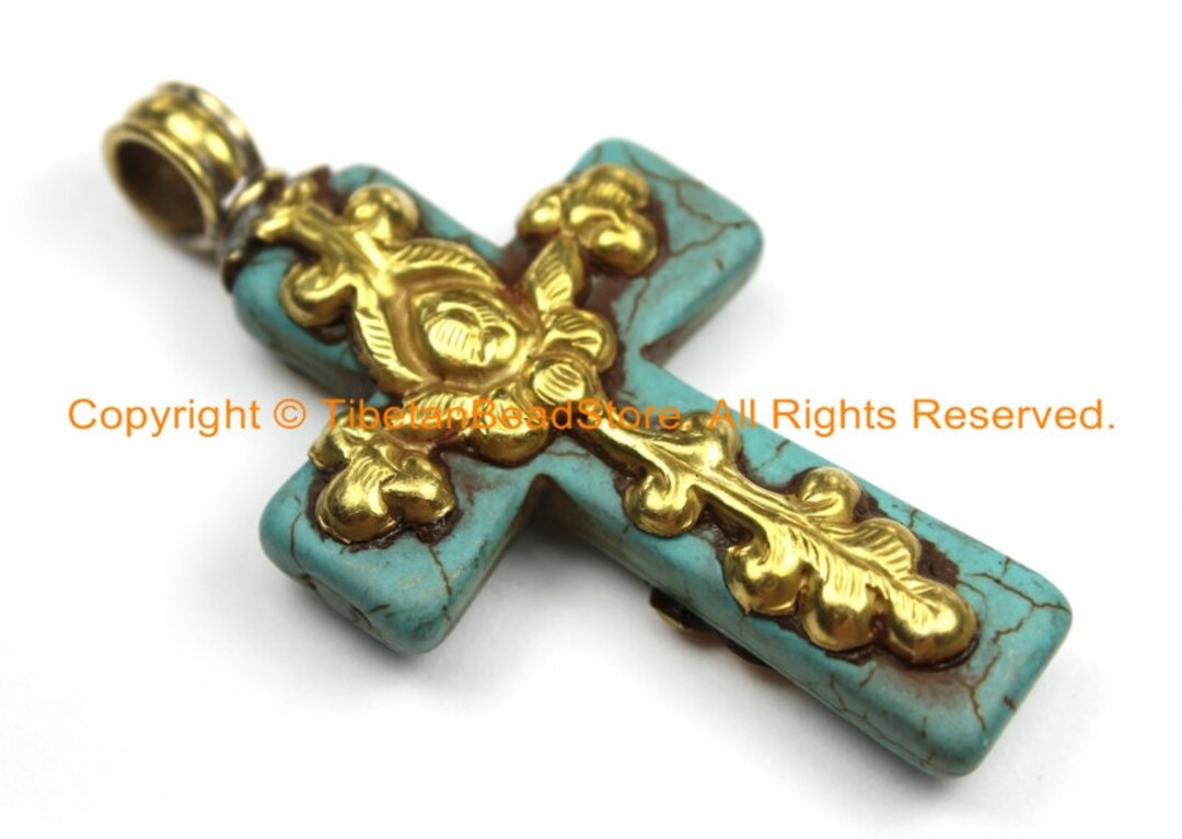 Tibetan Reversible Turquoise Cross Pendant With Brass Repousse Hand ...