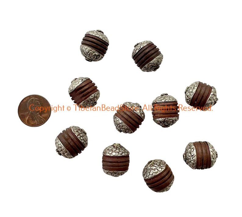 10 BEADS - Handmade Tibetan Carved Wood Beads With Repousse Floral ...