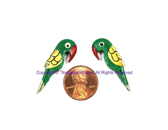 2 BEADS Green Parrot Beads Handmade Beads Wooden Parrot - Etsy