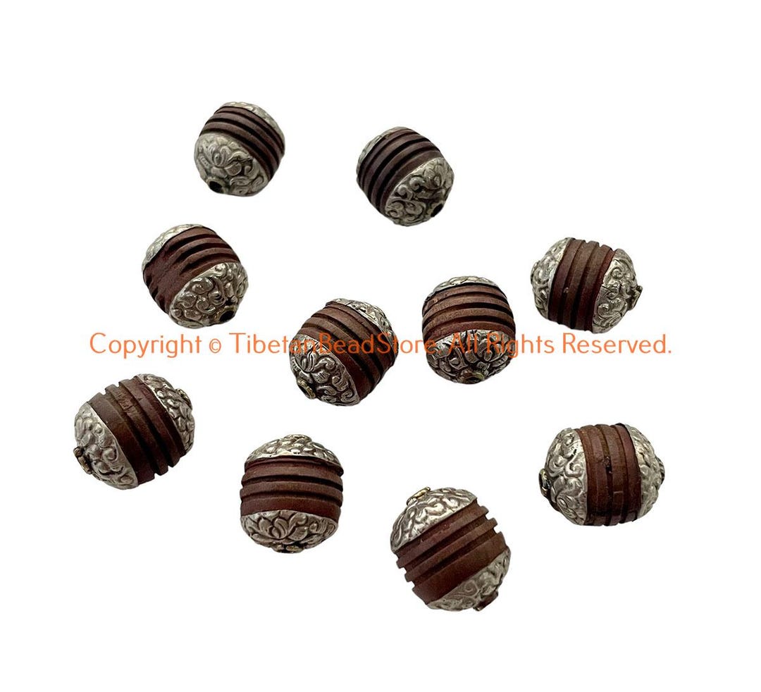 10 BEADS - Handmade Tibetan Carved Wood Beads With Repousse Floral ...