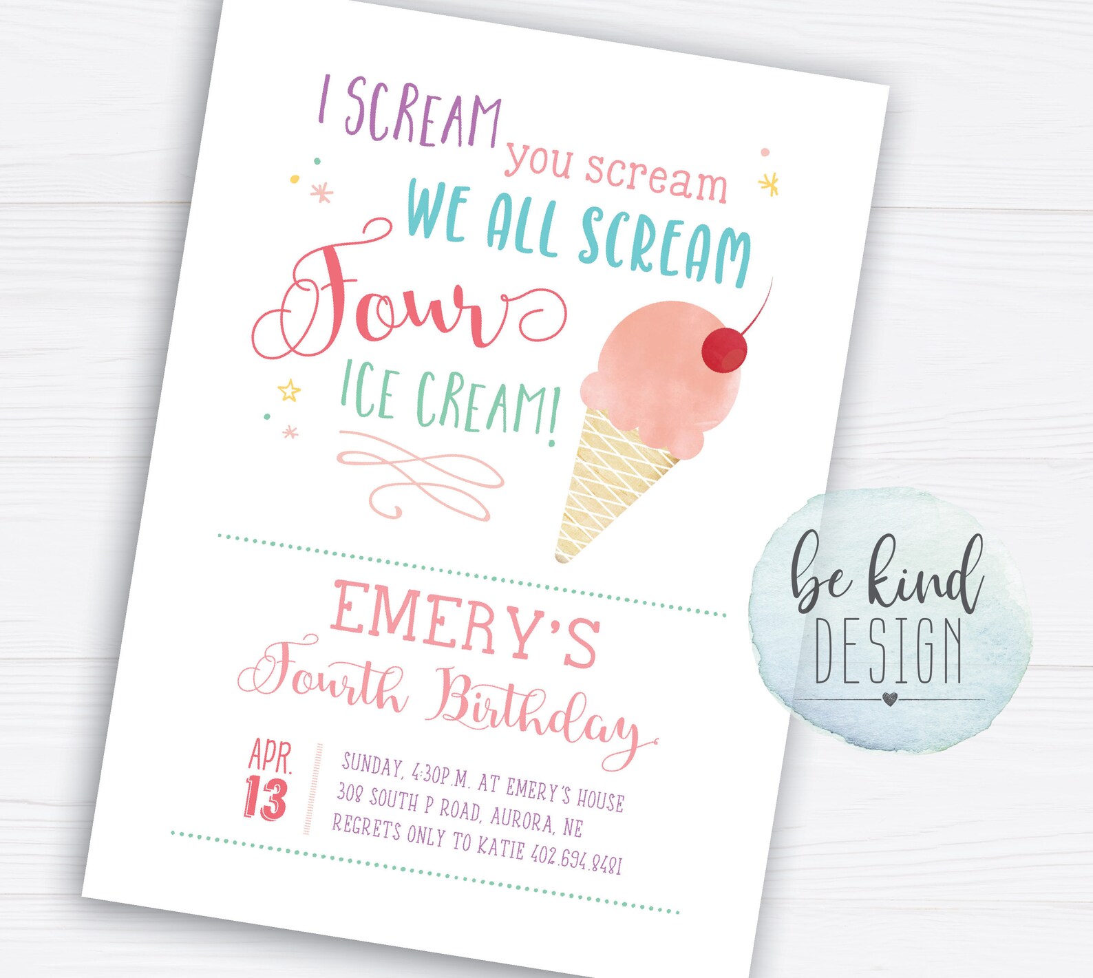 We All Scream FOUR Ice Cream, Fourth Birthday Invites, 4, Cute Ice ...