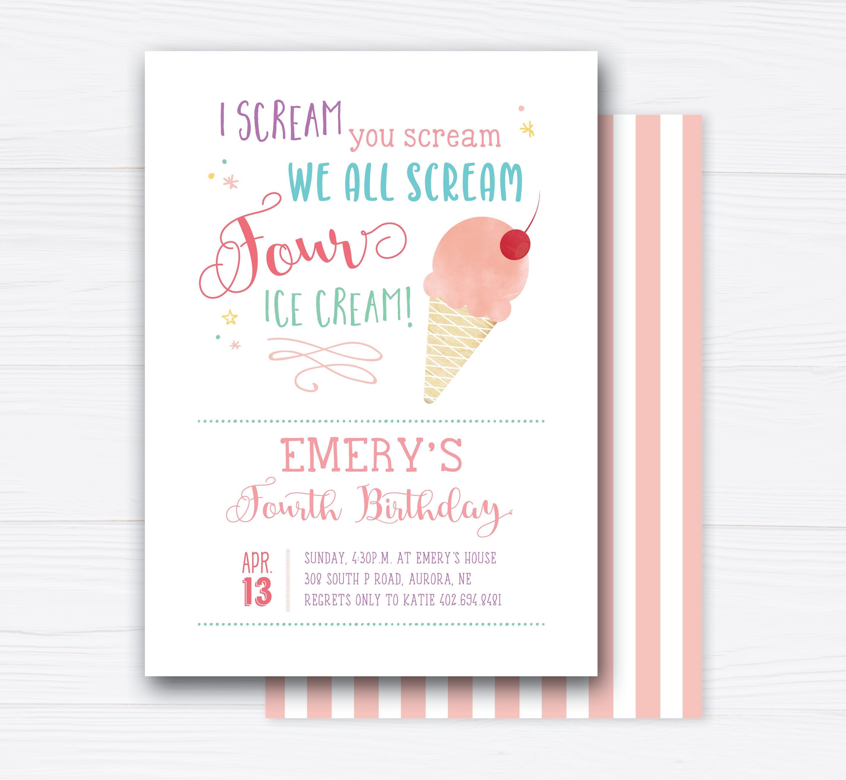 We All Scream FOUR Ice Cream, Fourth Birthday Invites, 4, Cute Ice ...