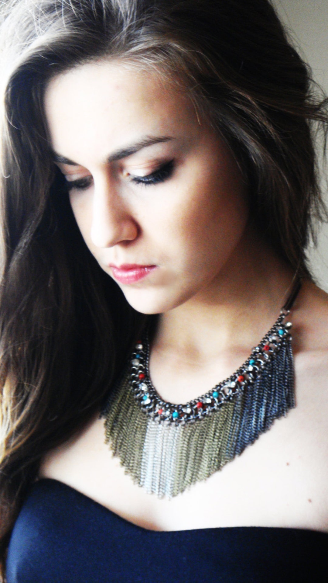 Collar fiesta de piedras preciosas, collar gitano, collar de cuero de ...