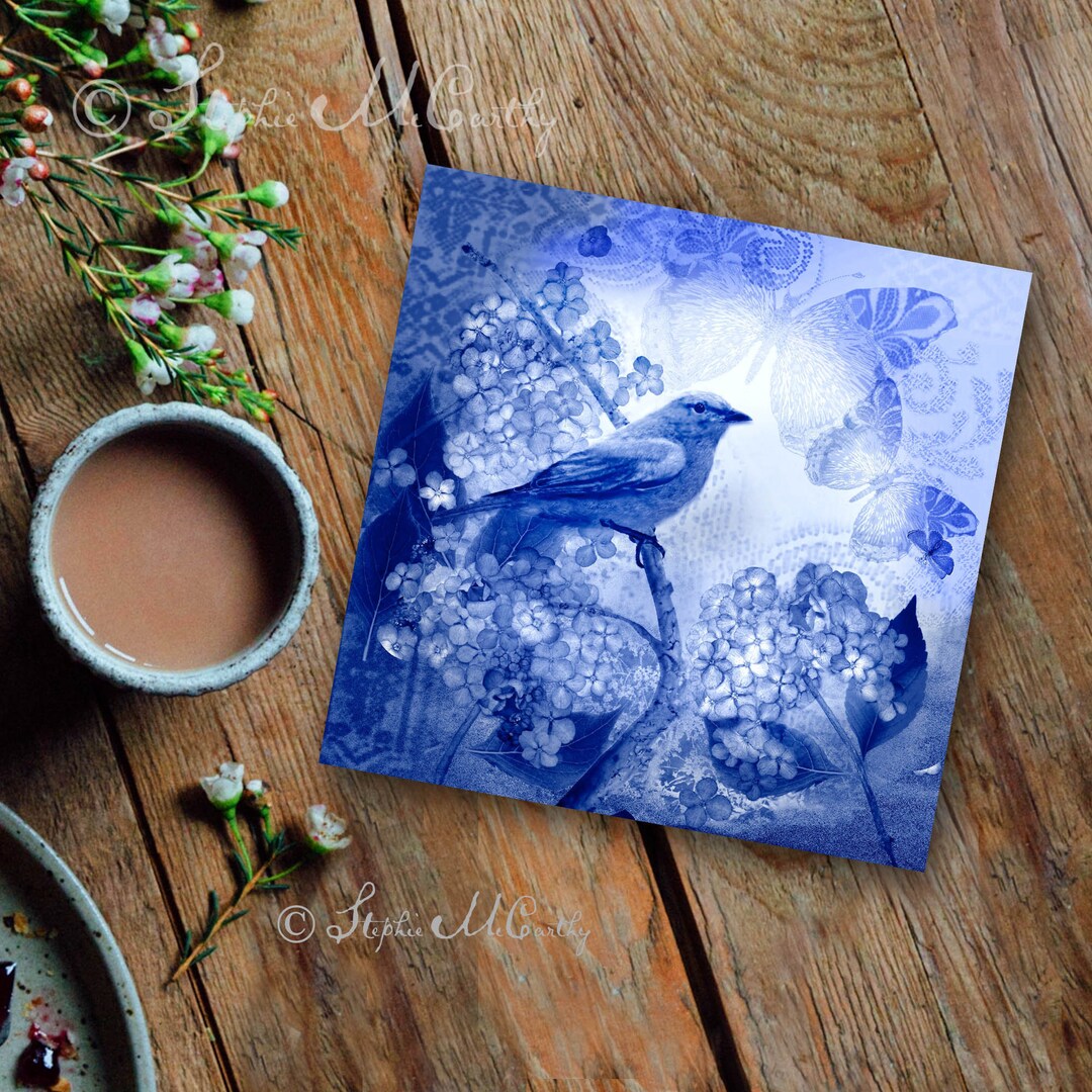Ceramic Tile With Bluebird and Hydrangea, delft Blue, White, 6x6 - Etsy